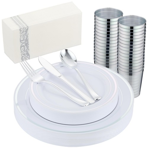 175 PCS Silver Dinnerware Set for 25 Guests, Silver Rimmed Heavy Duty ...