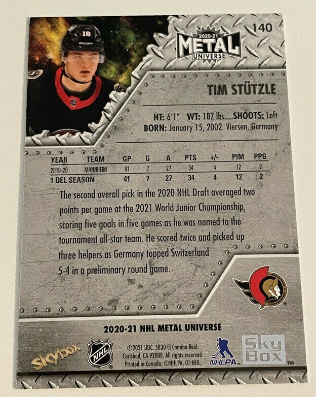 2020-21 Metal Universe Tim Stutzle #140 Rookie Card SP RC Ottawa ...
