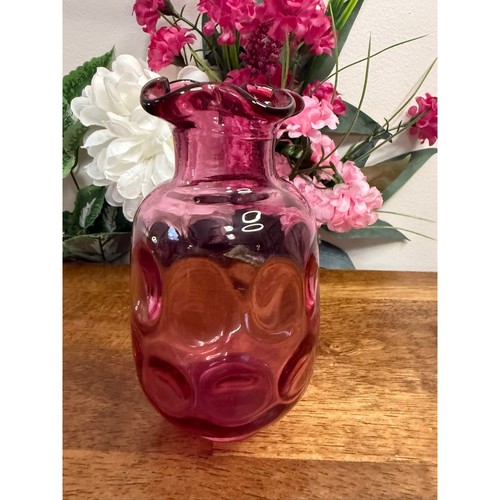 Vintage Cranberry Glass Vase Ruffled Rim Coin Dot Thumbprint Pattern ...