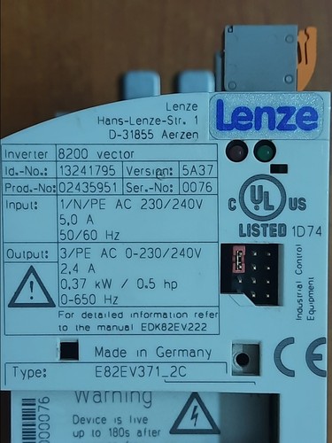Lenze 8200 vector frequency inverter 0.37 Kw. - Type: E82EV371K2C -Used ...