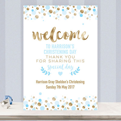 Personalised Welcome Table Sign for Christening Party Blue & Gold ...