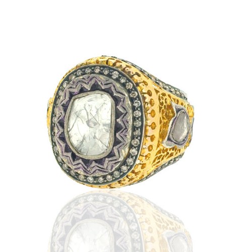 2.86ct Un Cut Diamond Gold Plated Ethnic Look Ring 925 Starling silver ...