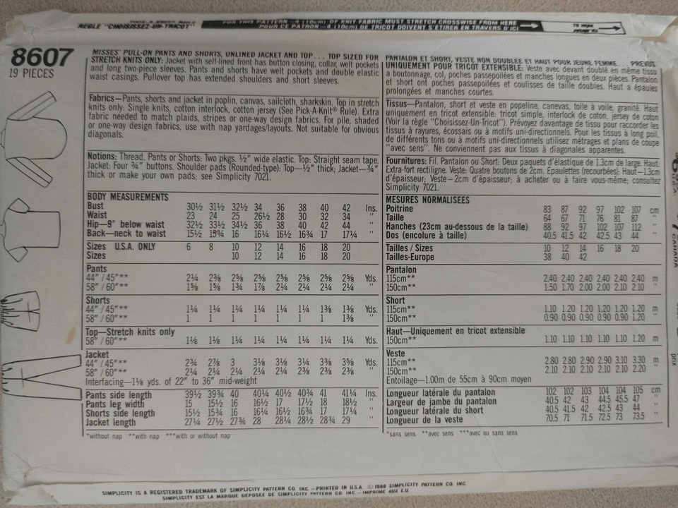 Vintage 1980s Simplicity 8607 Sewing Pattern Pants Shorts Jacket Top 10 12 14 | eBay
