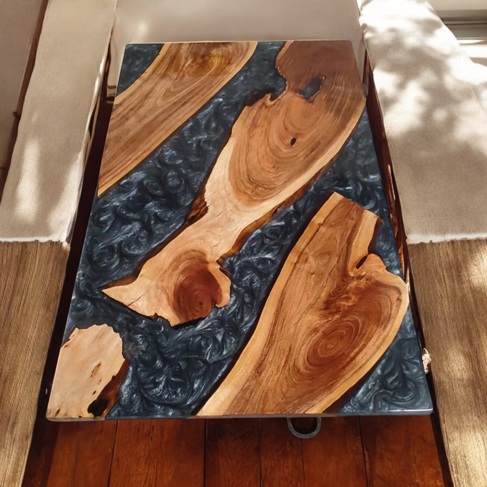 Live edge Wood River Epoxy Table Top for Dining Room Interior Handmade ...