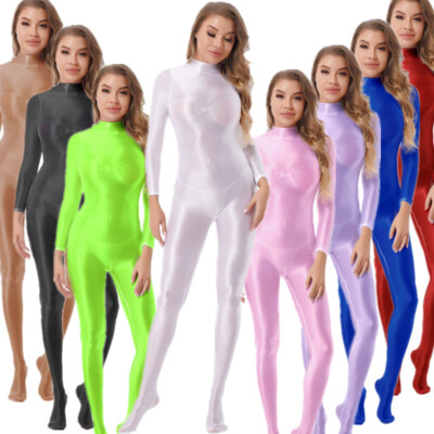 Womens Long Sleeve Zipper Back Bodysuit Tights Glossy Bodystockings ...
