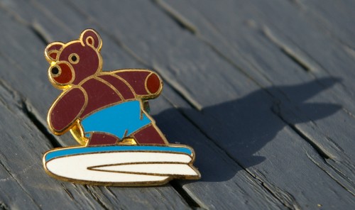 Surfing Surf Brown Teddy Bear Blue Swim Shorts Trunks Metal Enamel Pin ...