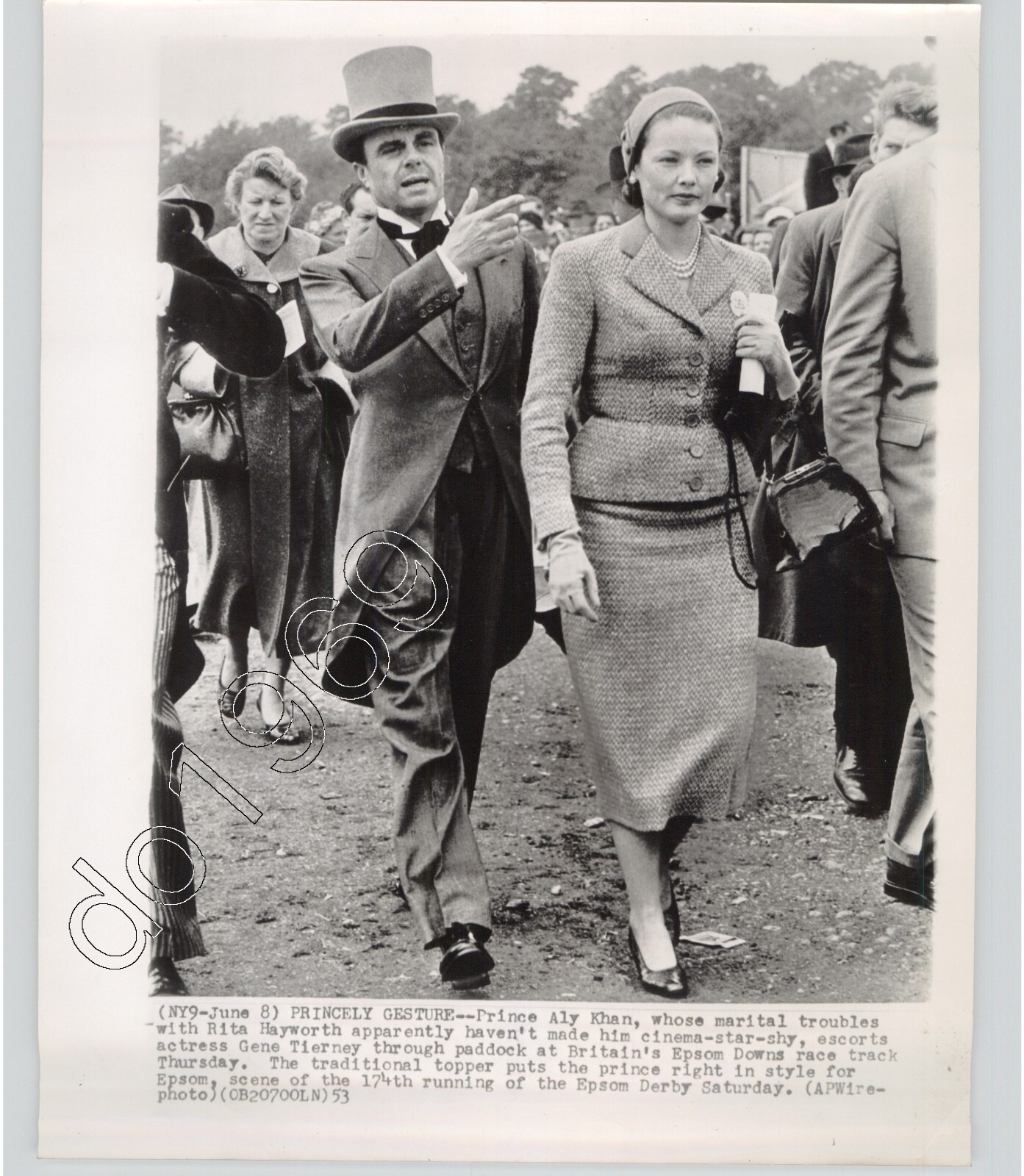 Prince ALY KHAN & GENE TIERNEY Race Track Britain's Epsom Down 1952 ...