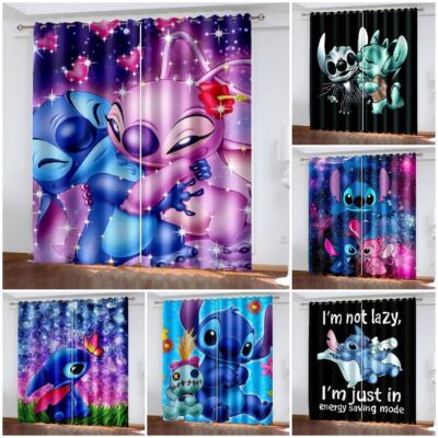 3D Lilo Stitch Cartoon Made Pair Thick Thermal Blackout Curtains Eyelet ...