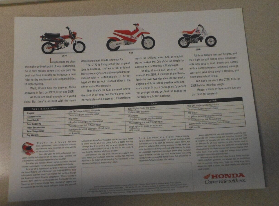 Honda Factory Feature & Specification Chart Brochure Fits: 1974 CT70 ...