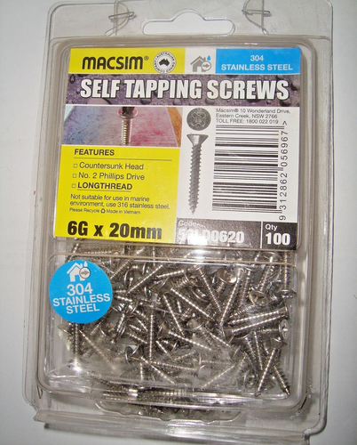 Self Tapping SS CSK Head Screws 6g x 20mm no2 Ph Dr, 304SS, pack of 100 ...