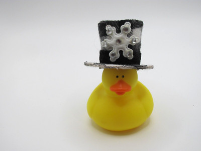 HAND DECORATED YELLOW RUBBER DUCK W/ BLACK & WHITE TOP HAT W/ SNOWFLAKE ...