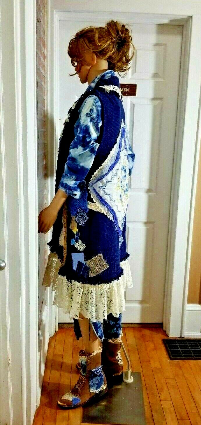 UpCycled duster Vtg Fabric Fringe boho doilies Embroidered Burning Man ...