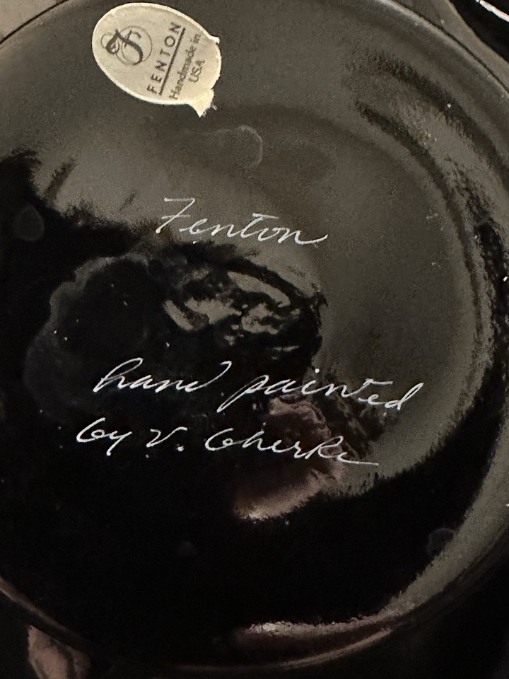 Fenton Black Glass Pink Copper Rose Wave Crest Powder Puff Box Jar ...