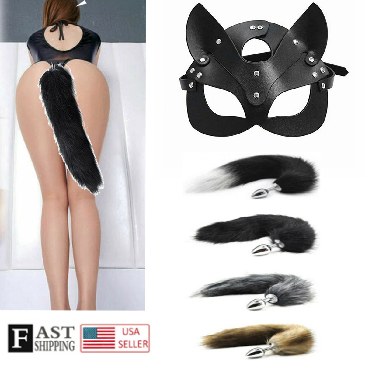 Women Fox Tail Butt Plug Stainless Steel Anal Plug Head Mask Sm Collar
