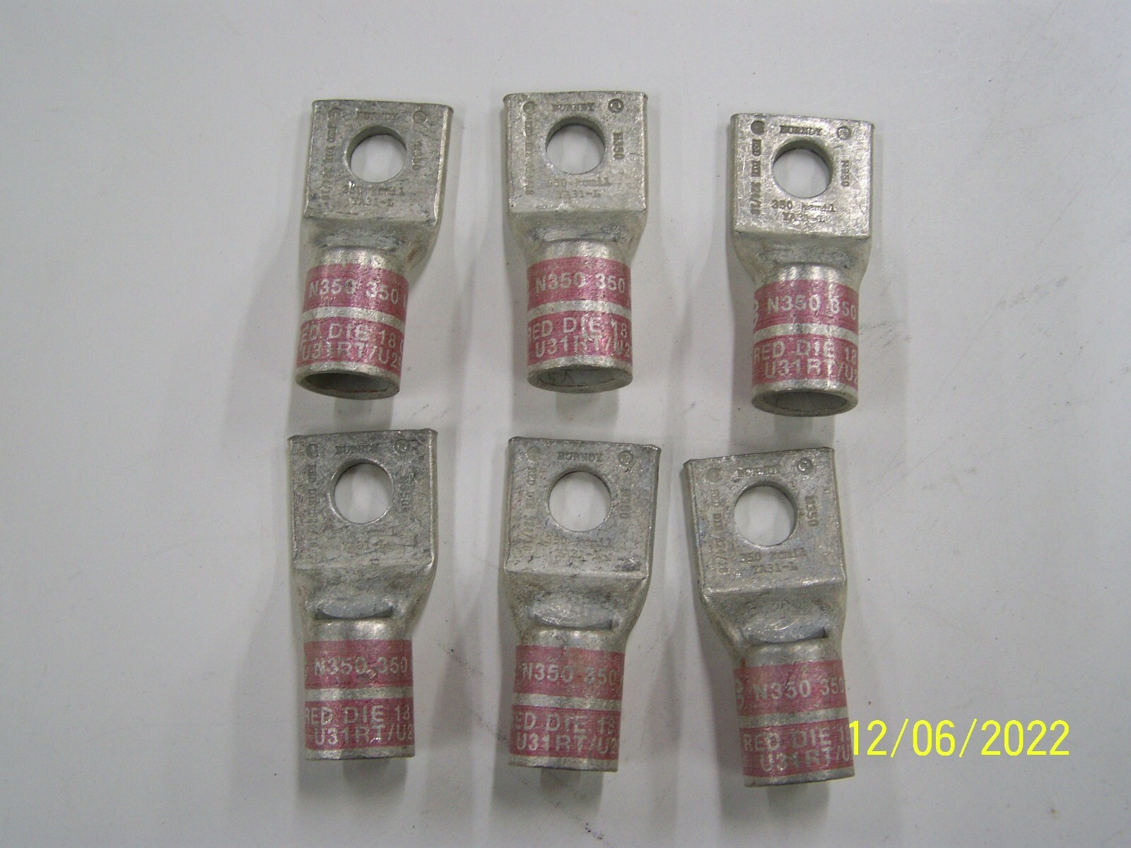 BURNDY YA31L LOT OF 6 CRIMP LUGS 350KCMIL ONE 1/2" HOLE SHORT BARREL ...