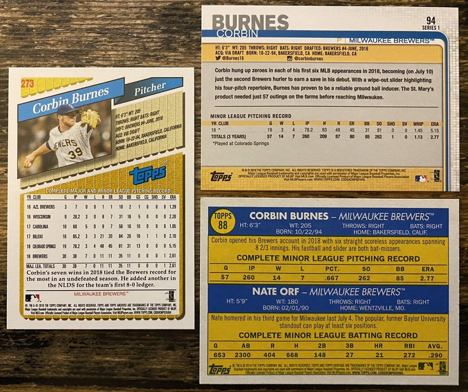 CORBIN BURNES 2019 Topps RC LOT! #94 Archives #273 Heritage #88 Brewers ...
