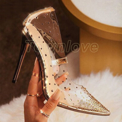Womens Clear Rhinestones Pumps High Heels Pointy Toe Stiletto Party ...