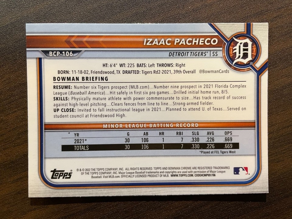 2022 Bowman Baseball Izaac Pacheco Bowman Chrome Prospects #BCP-106 ...