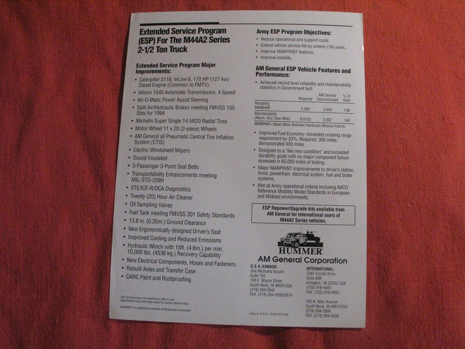 AM General Corporation ESP M44A2 truck brochure prospekt 1993 | eBay