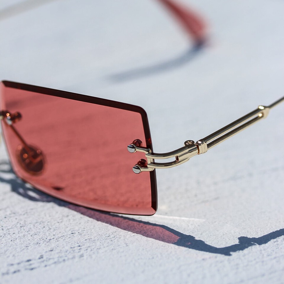 Mens Rimless Red Tint Square Gold Frame Rectangular Hip Hop Fashion ...
