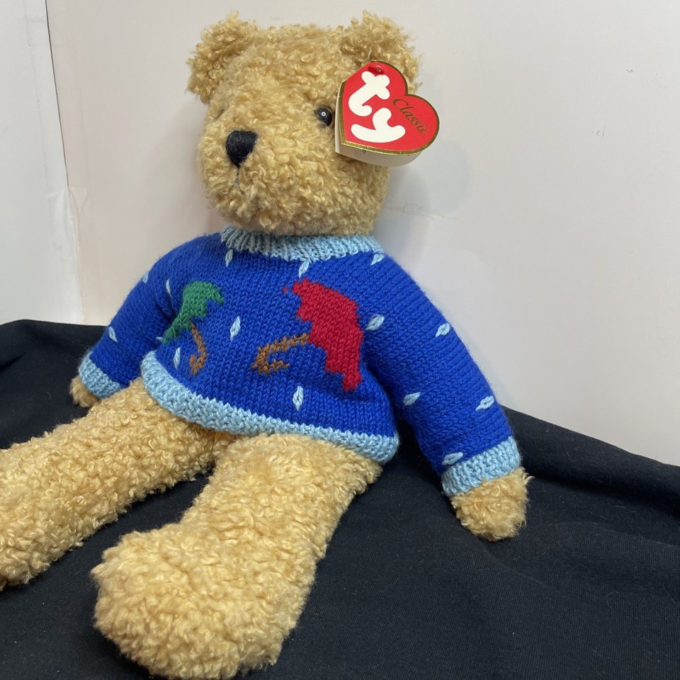 TY Beanie Babie Buddy Curly Bear 17" Blue Rainy Day Sweater Retired ...