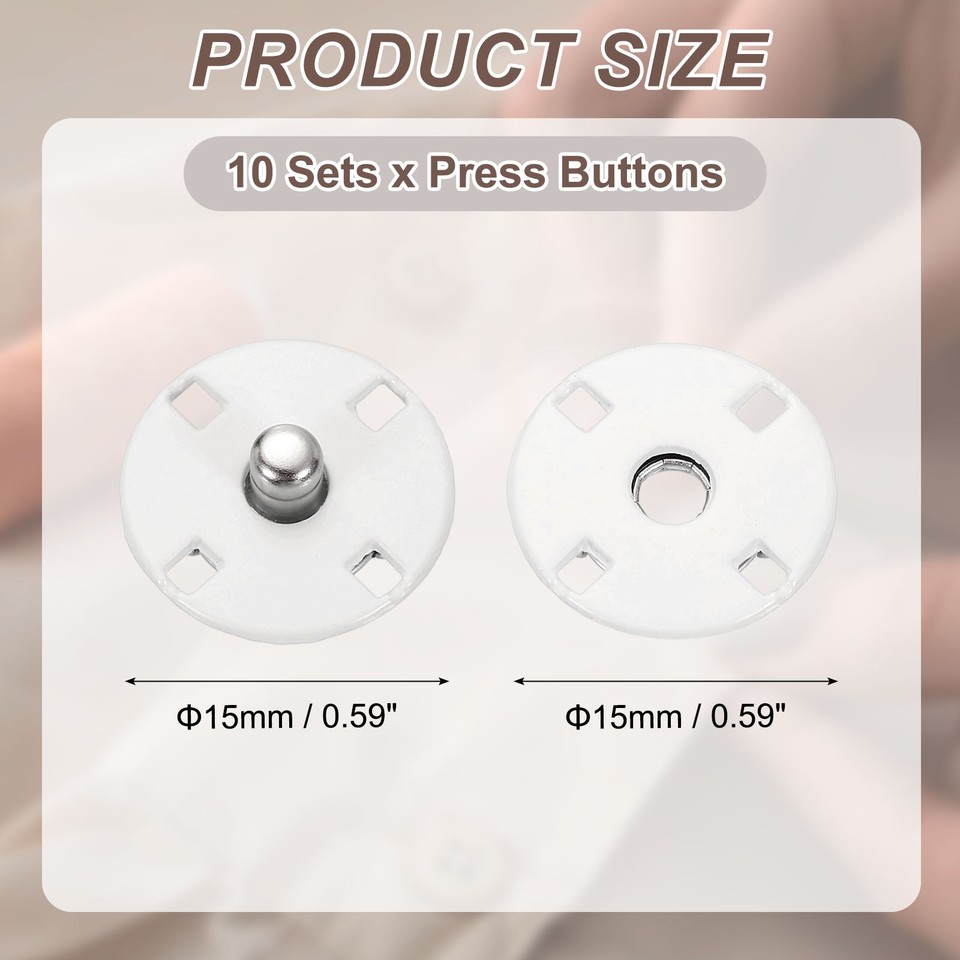 10 Sets Sewing Snap Buttons, Press Buttons Snap Fasteners 15mm, White ...