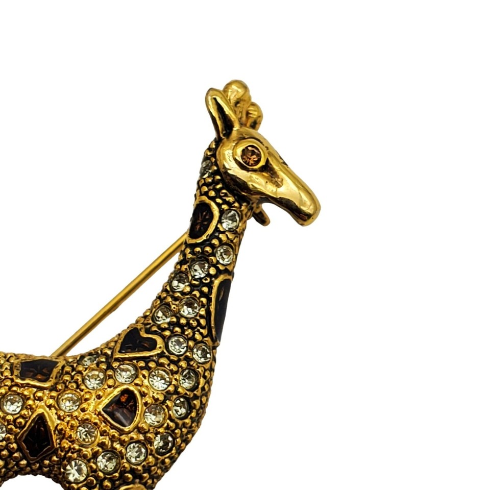 Giraffe Rhinestone Brooch Gold Tone Brown Enamel Pin Vtg Safari Animal ...
