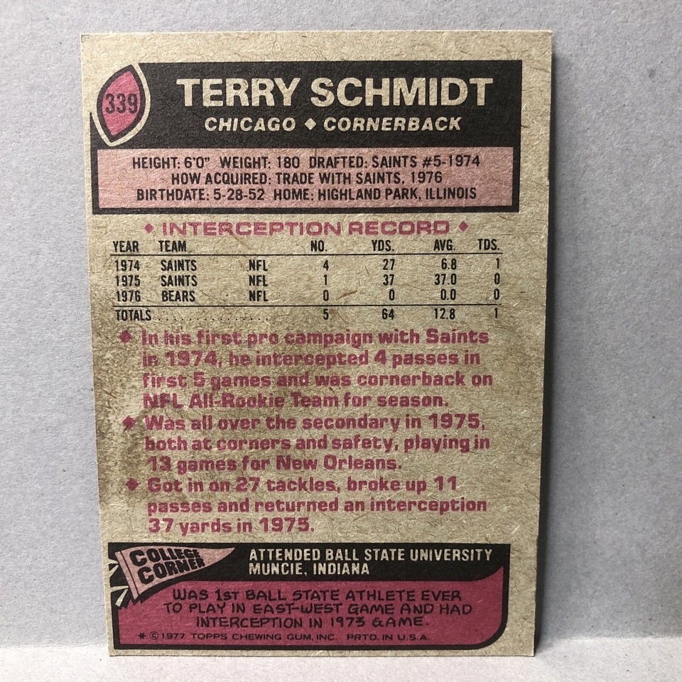 1977 Topps Terry Schmidt Chicago Bears #339 | eBay