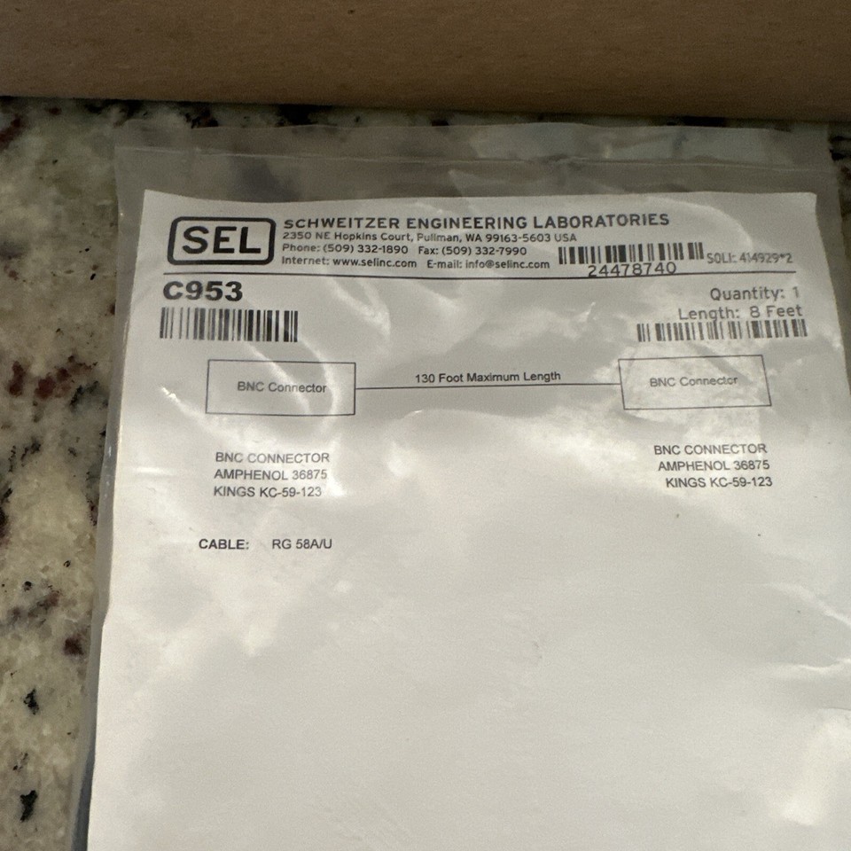 NEW SEL SEL-C953 Coaxial Cable for IRIG-B Distribution; C953-003 3 Feet ...