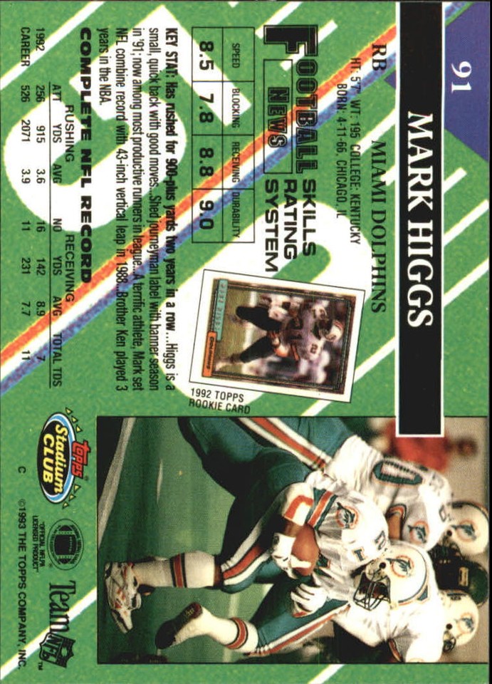 1993 Stadium Club Football Card #91 Mark Higgs | eBay