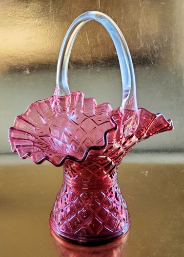 Fenton DIAMOND OPTIC Ruby Overlay Cranberry GLASS Crystal BASKET VASE ...