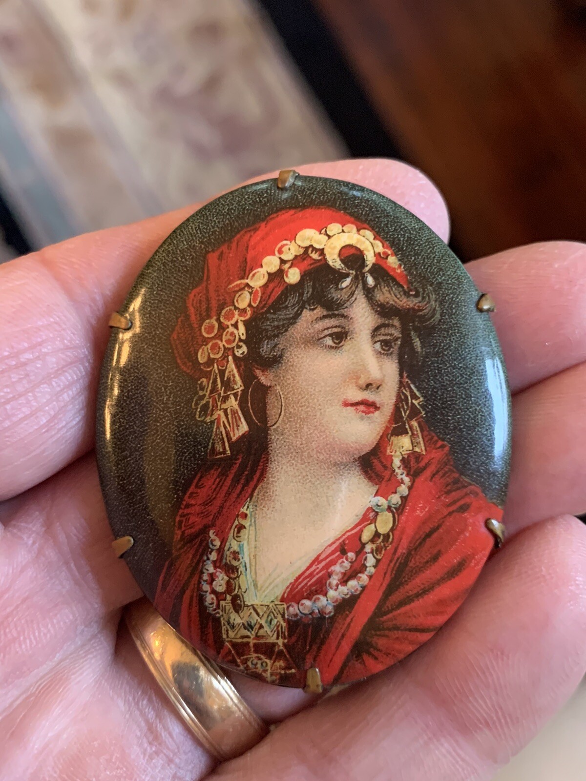 Rare Antique Victorian Sash Pin Gypsy Woman Transfer … - Gem