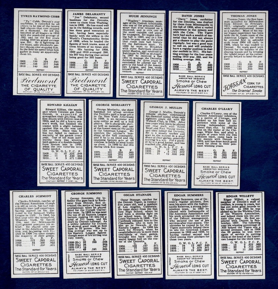 1911 Gold Border DETROIT TIGERS T205 Complete 14 card Team REPRINT Set ...