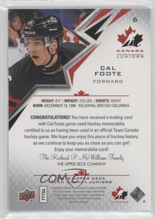 2018 Upper Deck Team Canada Juniors Team Canada Jerseys Cal Foote #6 ...