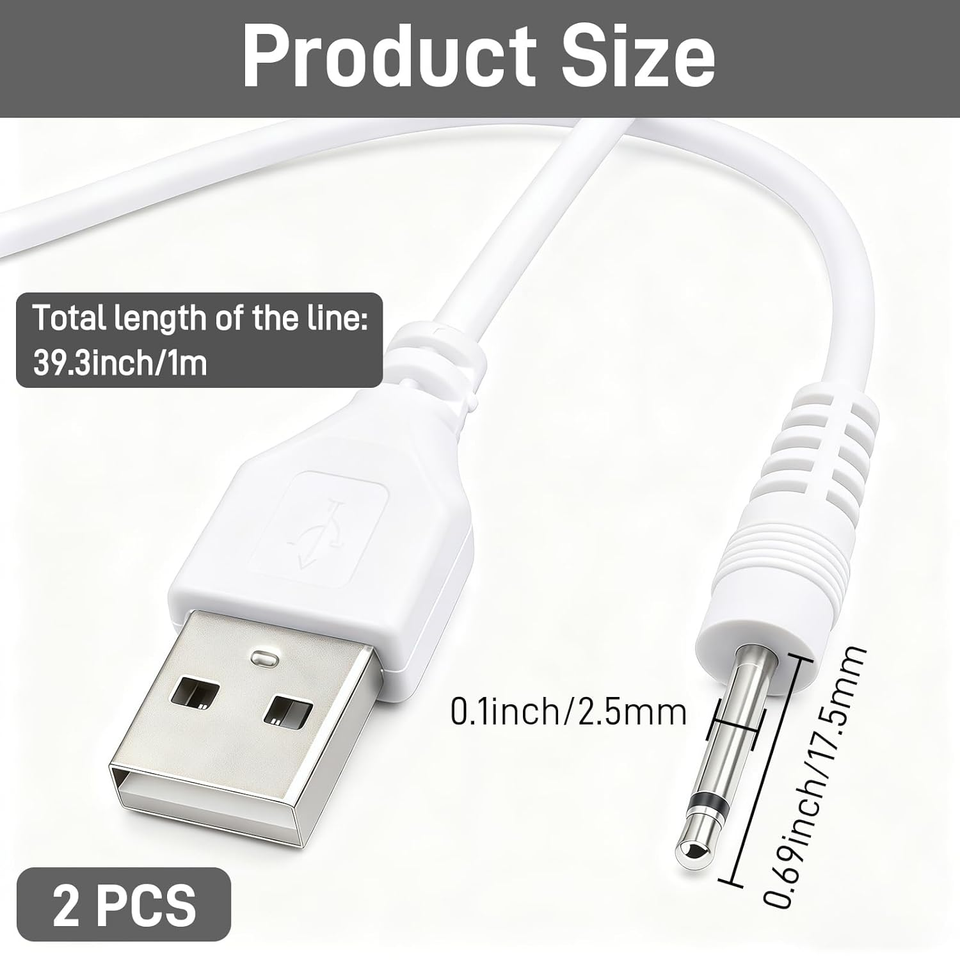 Vibrator Charger 2 Pack - White USB to DC 2.5Mm Charging Cable, 1M Fast ...