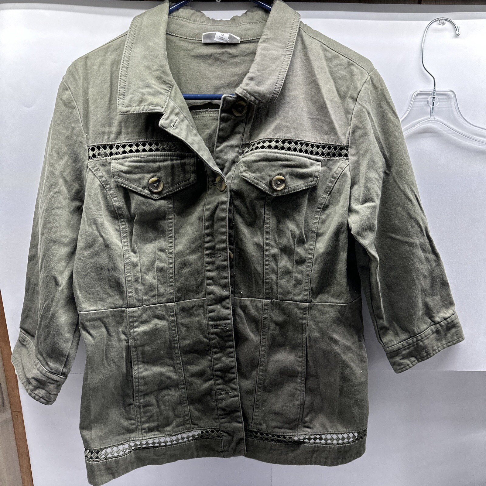 Westport Utility Jacket M Plus Women Olive Green Button Front 3/4Sleeve Pockets | eBay