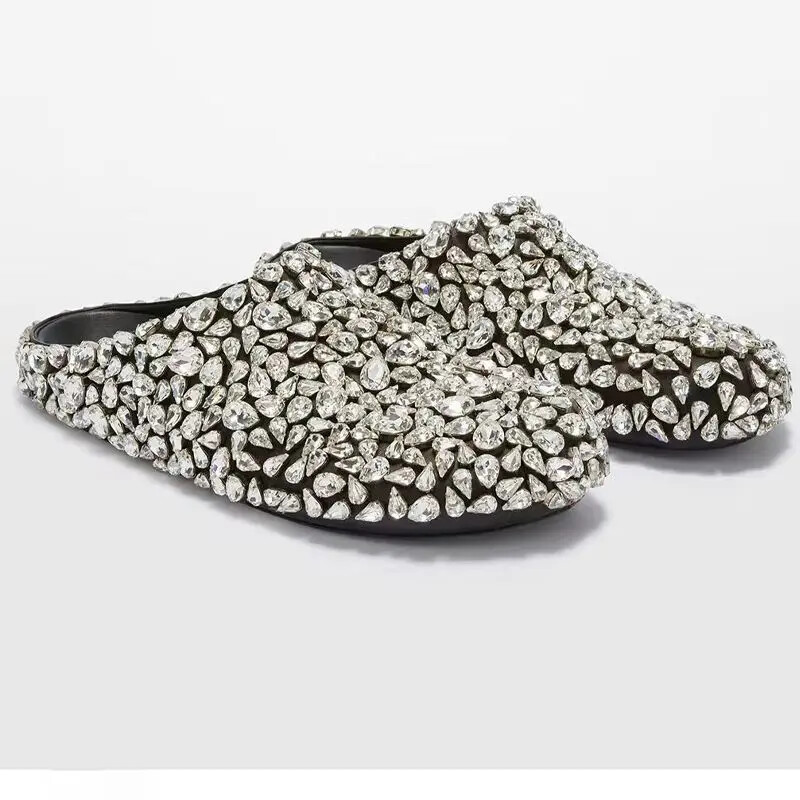 Rhinestone Half Head Slippers Catwalk Show Flat Shoes Comfort Wedding ...
