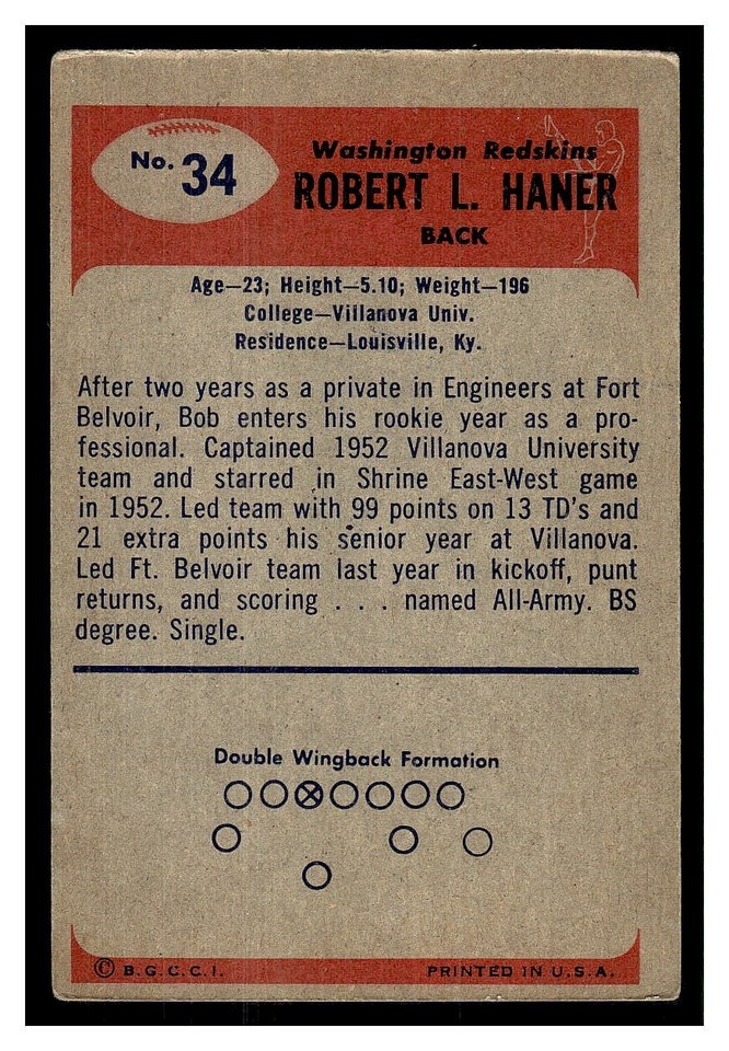 1955 BOWMAN ROBERT HANER #34 ROOKIE CARD WASHINGTON REDSKINS MID GRADE ...