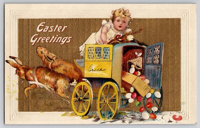 Easter Fantasy Little Girl Rabbits Carriage Stagecoach Eggs Postcard ...