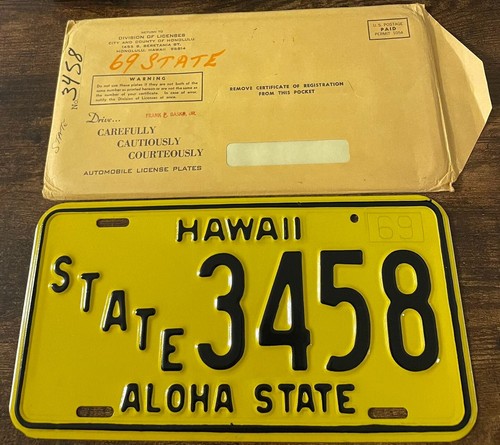 Vintage 1969 Base Hawaii State License Plate 3458 1970 1971 1972 1973 ...