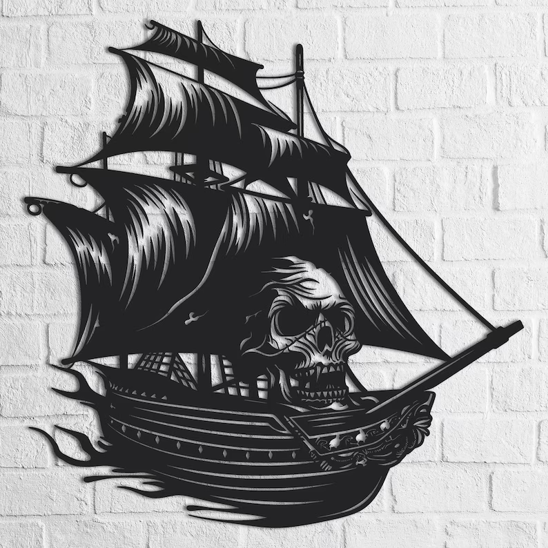 Pirate Ship Skull Metal Wall Art, Nautical Wall Hangings, Pirate Ship ...