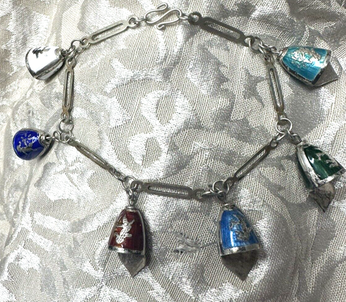 Siamese Enameled Bell Dangling Lovely Silver Link Bracelet 7" | eBay