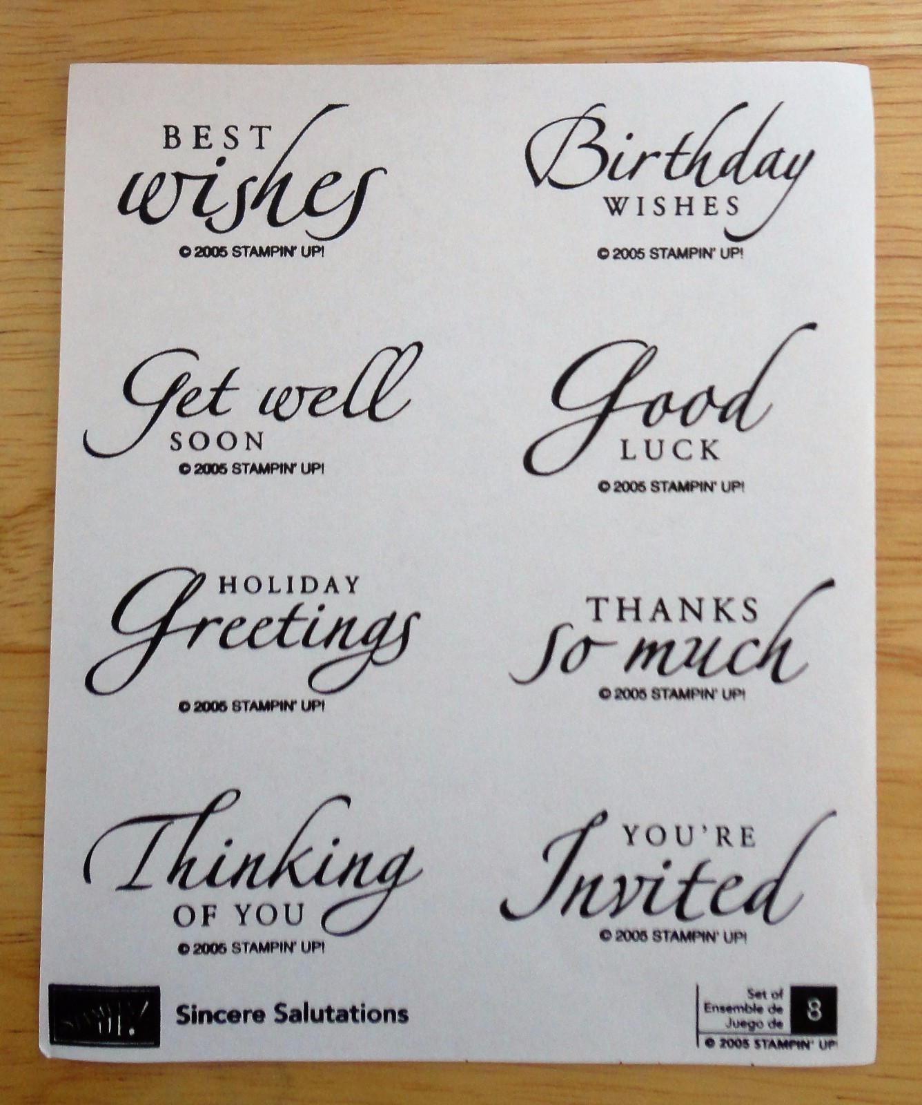 2005 Stampin Up SINCERE SALUTATIONS 8pc RUBBER INK STAMP SET Cursive ...