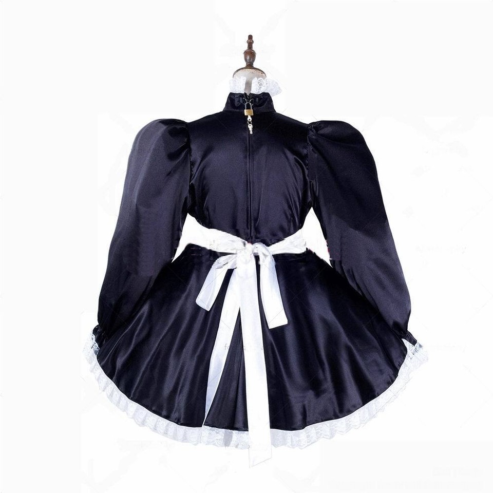 Adult Girl Maid Sissy Lockable Black Satin Dress cosplay costumes ...