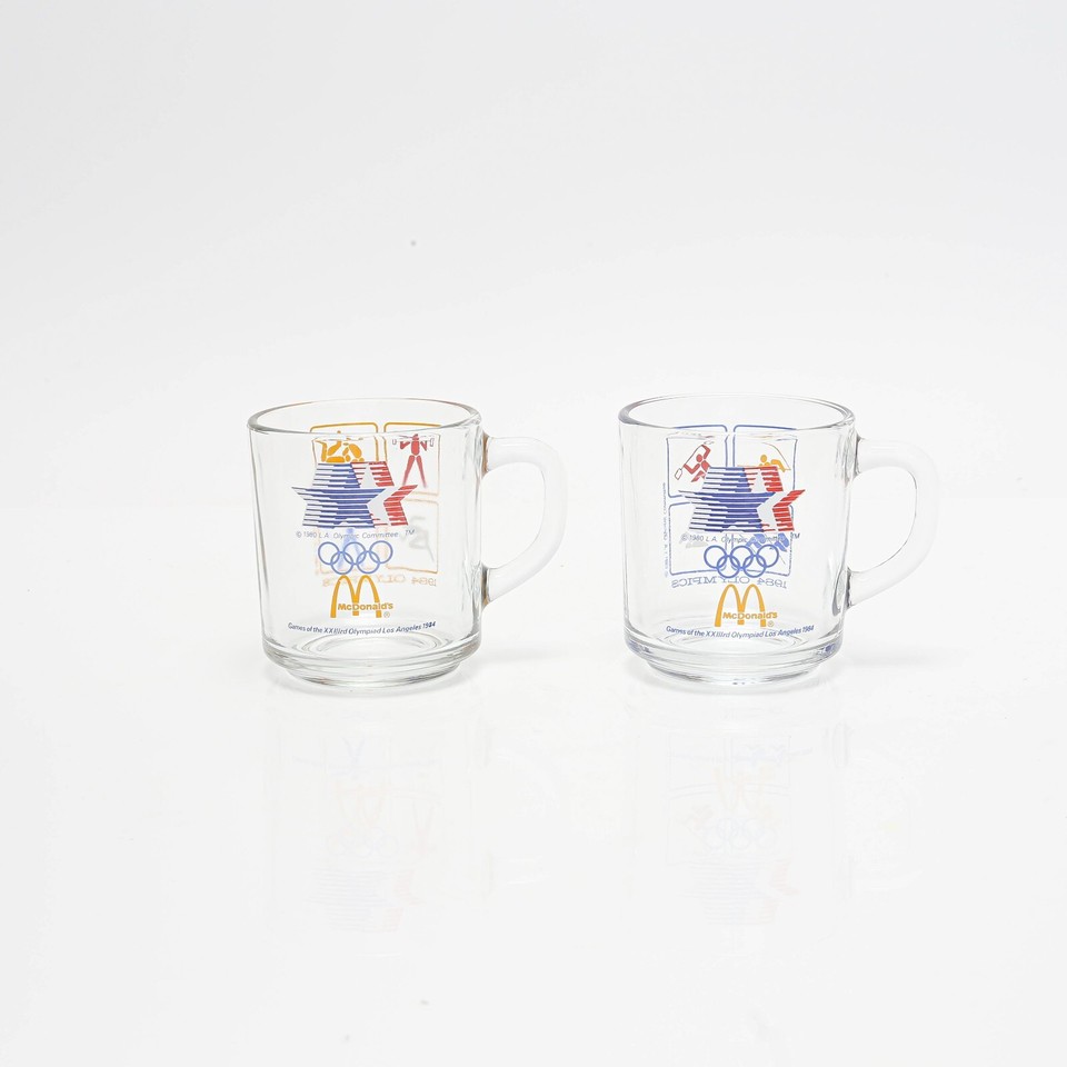 Vintage McDonald’s 1984 LA Olympics Coffee Cups 2 Glass Mugs Lot Yellow ...