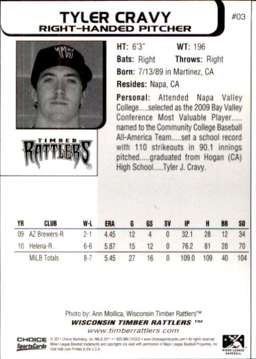 2011 Wisconsin Timber Rattlers Choice #3 Tyler Cravy - EX Martinez ...