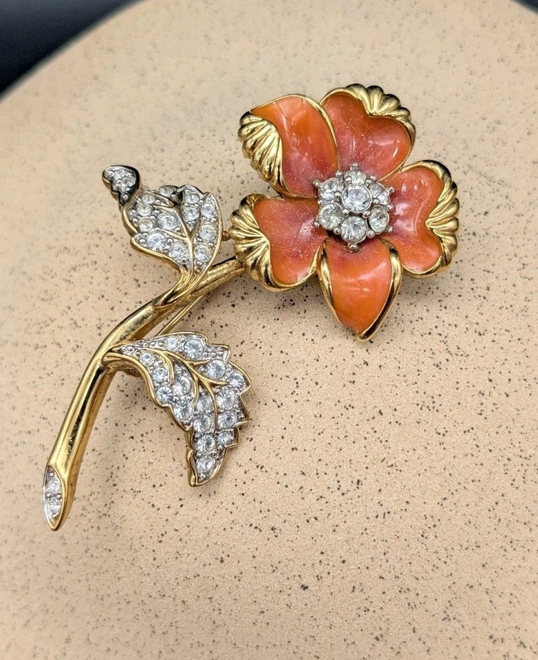 Nolan Miller Rhinestone Flower Brooch Signed Enamel Gold Tone Crystal ...