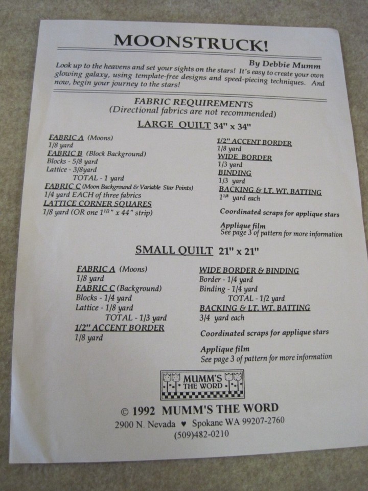 MOONSTRUCK! Quilt Instructions Large & Small Wall Hanging Mumm's The ...