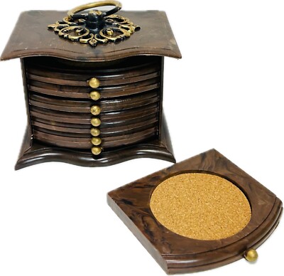 Vintage Coaster Set Storage Beverage Drink Cork Lined Holder 8 Coasters ...