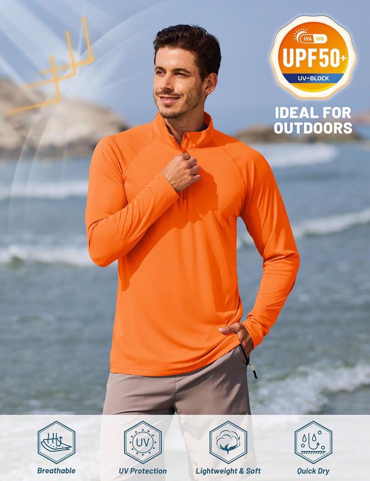 UPF50+ Men's 1/4 Zip Sun Block UV Shirts Long Sleeve Performance ...